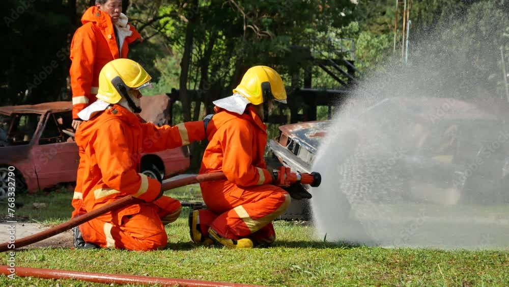 Firefighter fighting with fire flame protection property. Fireman wear ...