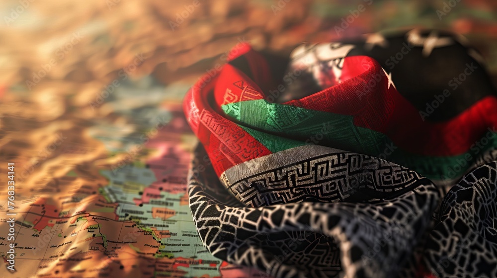 The Palestine scarf Keffiyeh is illustrated on a map of Palestine ...