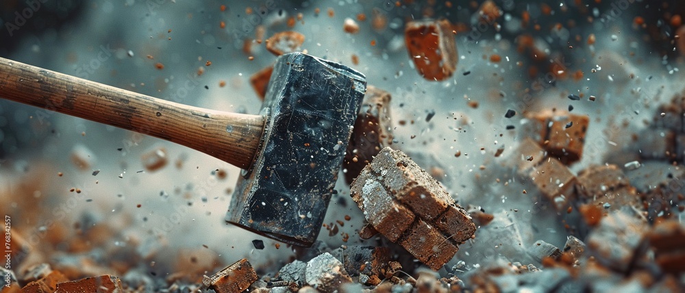 Dynamic hammer Strike Impact Causing Explosion of Bricks Wall and Dust ...