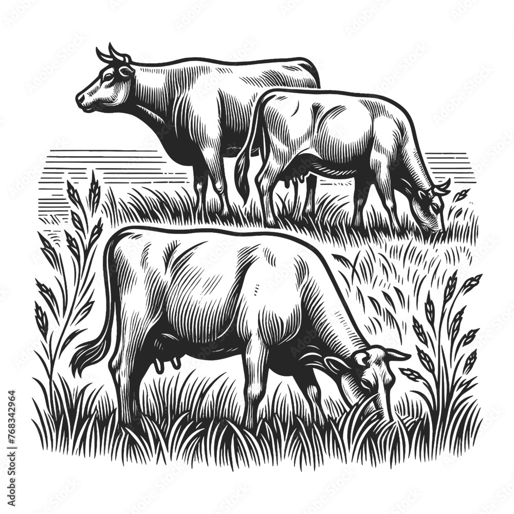 cows grazing peacefully among wildflowers and grass sketch engraving ...