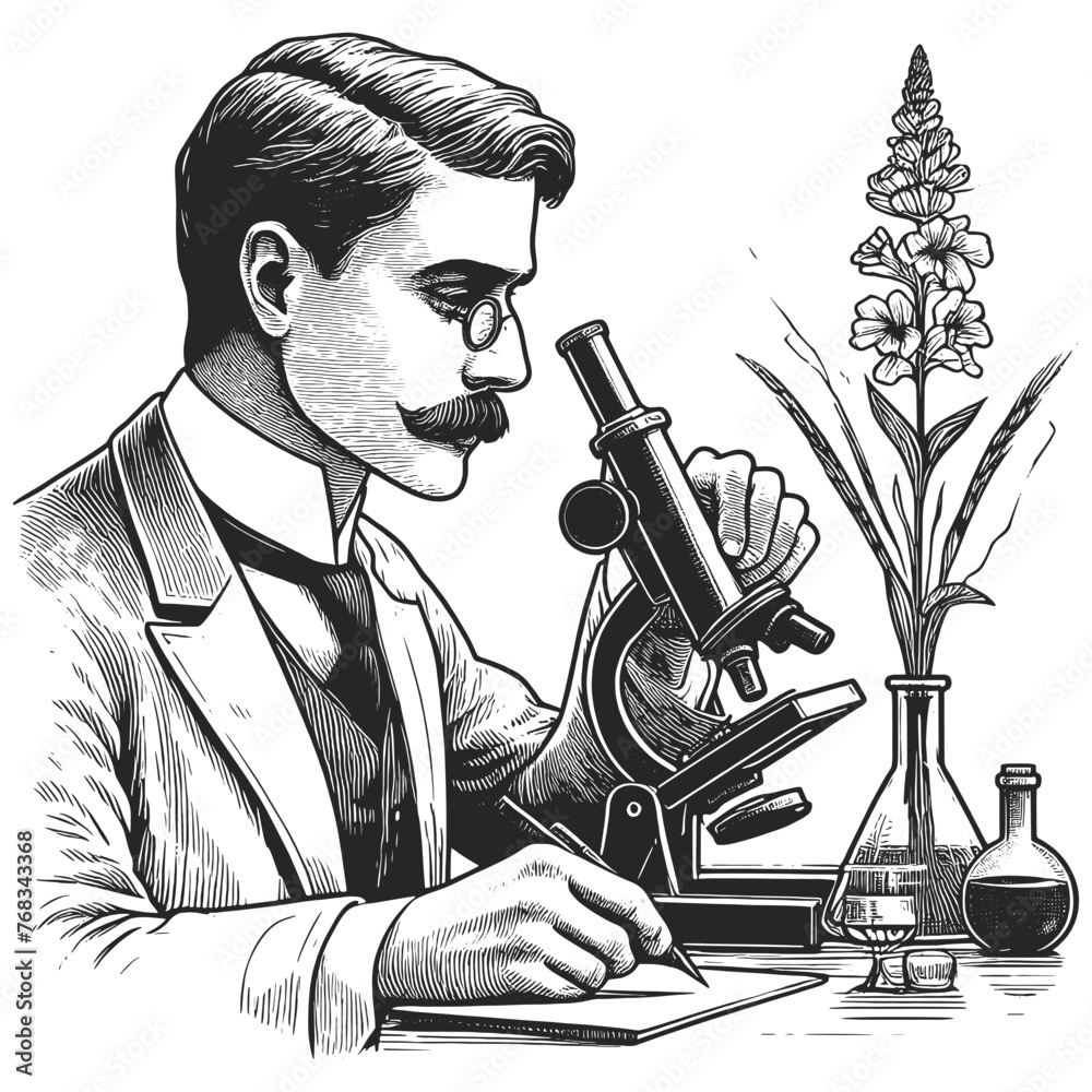 vintage scientist with microscope, surrounded by laboratory equipment ...
