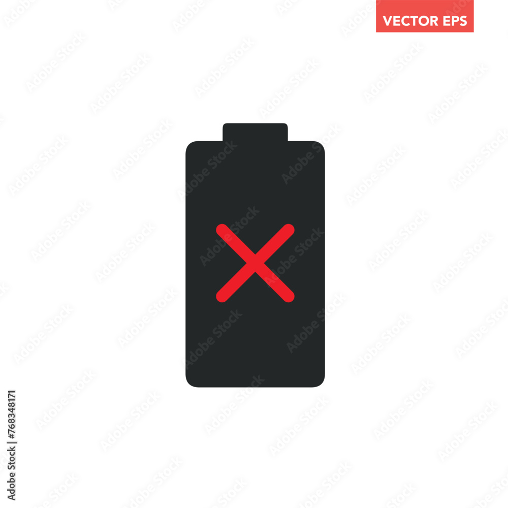 Black single dead battery indicator with cross mark line icons, simple ...