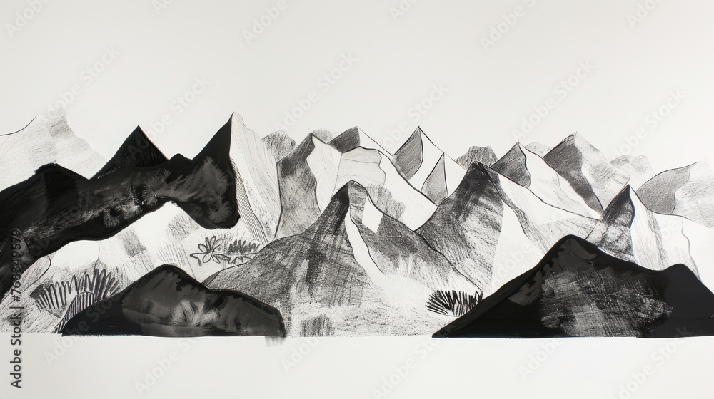 Mixed media sketch design of mountains - Black white and pastel colors ...