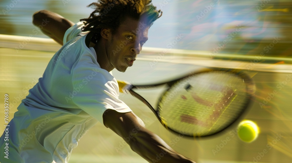 Athlete in the moment of hitting a tennis ball, capturing the tension ...