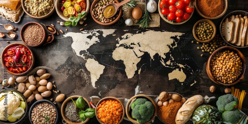 Table with a world map in the center and various foods around, concept ...