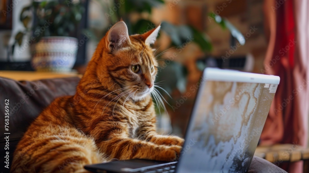 Orange tabby cat using laptop at home - An orange tabby cat attentively ...
