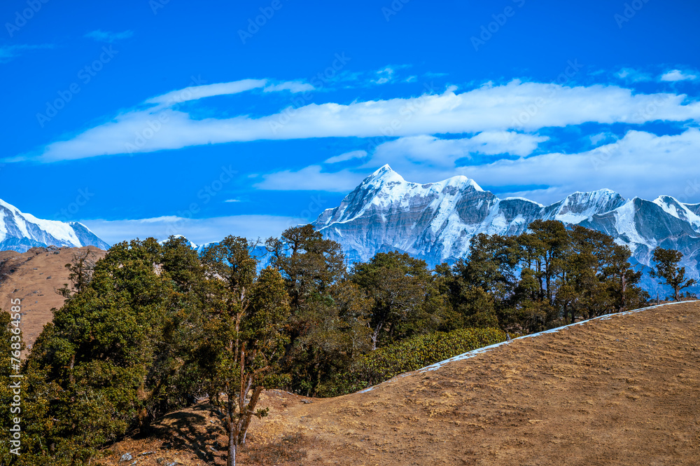Landscape with sky and clouds. Scenic mystic view of Himalayan peaks ...