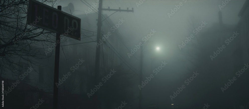 The outline of a street sign emerges from the thick fog its letters ...