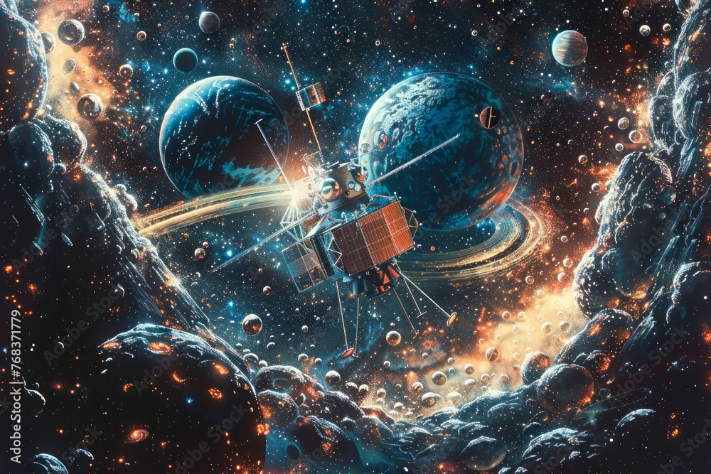 Futuristic Space Battle Scene with Exploding Spaceship and Distant Planets Amidst Asteroid Field ...