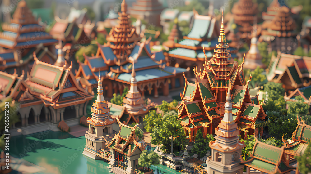 Stylized Miniature Thai Temple Cityscape . An intricate 3D rendering of ...