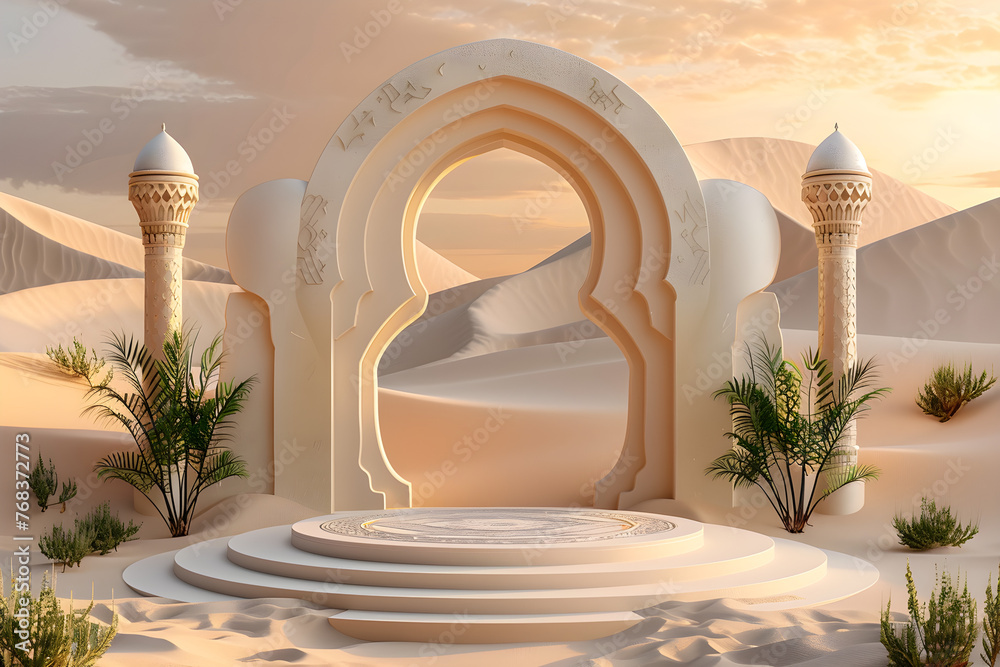 Islamic display podium with mosque gate background in the sand dunes ...