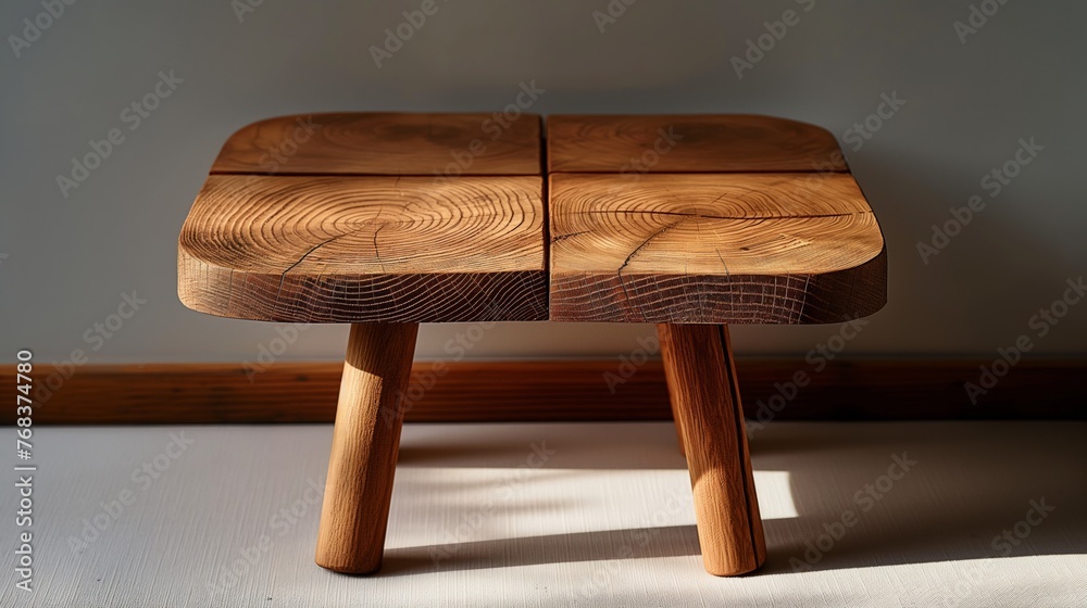 Low wooden stool in an empty room with white wall and floor ...