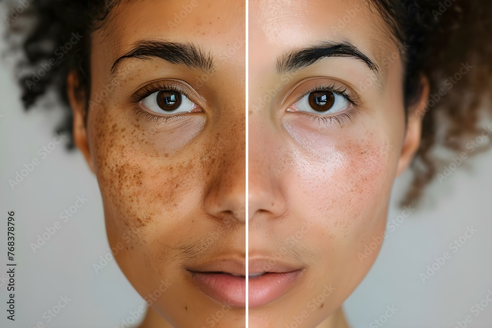 Comparison of a womans skin before and after facial treatment for melasma brown spots and open ...