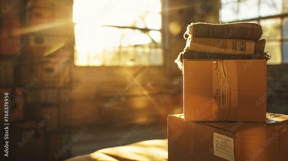 Sunlight streams over stacked cardboard boxes and cozy blankets ...