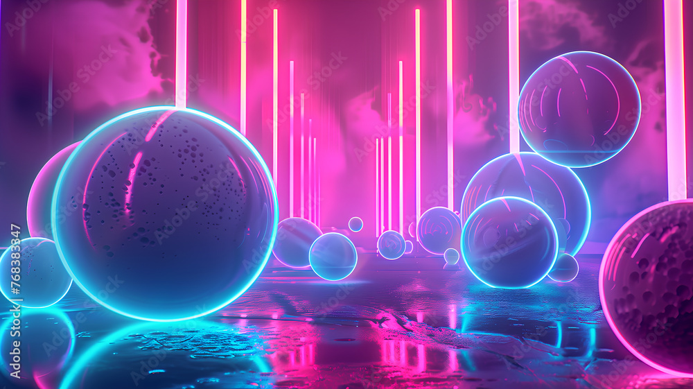 Neon Spheres with Light Beams in Purple Room . The surreal scene with ...