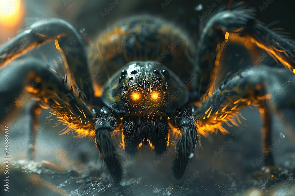 Magic venom spider, 3D monstrous form, deep dungeon, eerie light ...