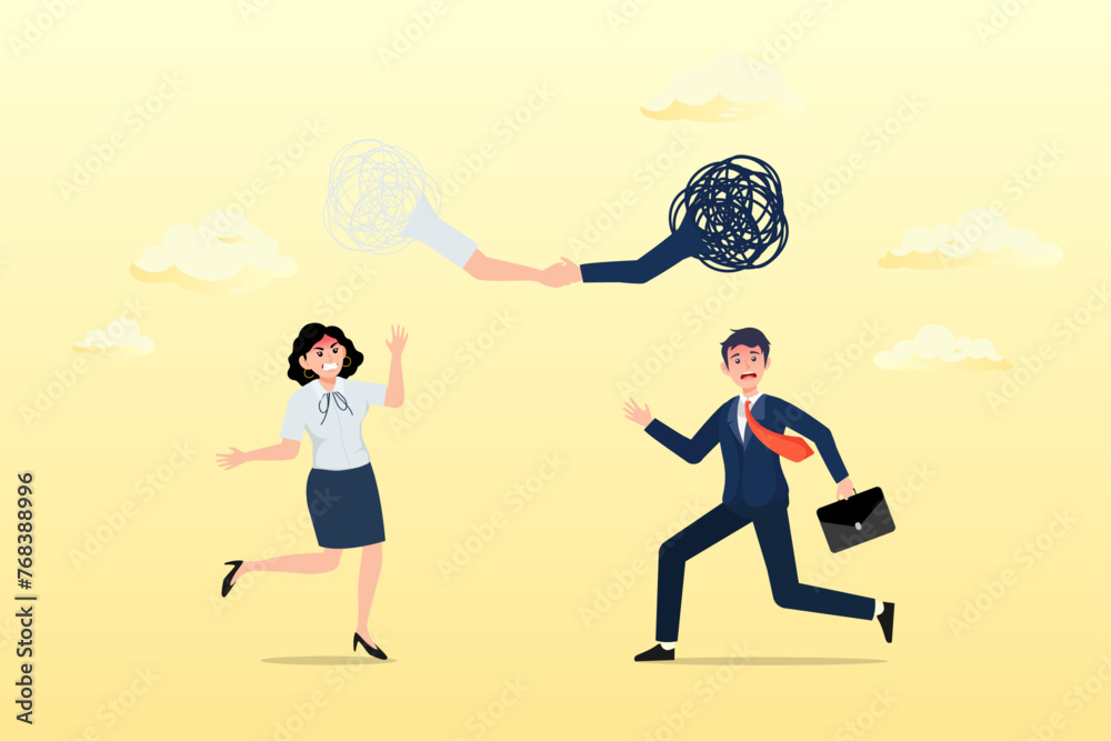 Businessman and woman fighting or arguing on work with sign of ...