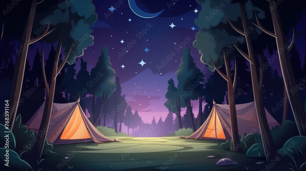 cartoon illustration campsite at night with tents, towering trees ...