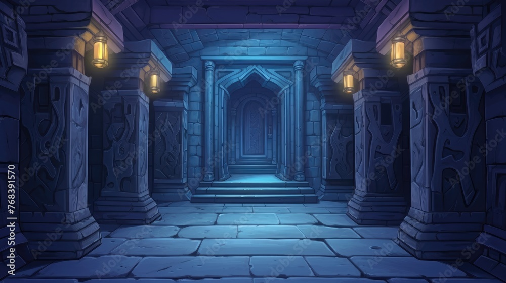 cartoon castle’s interior, aglow with torchlight, reveals towering ...