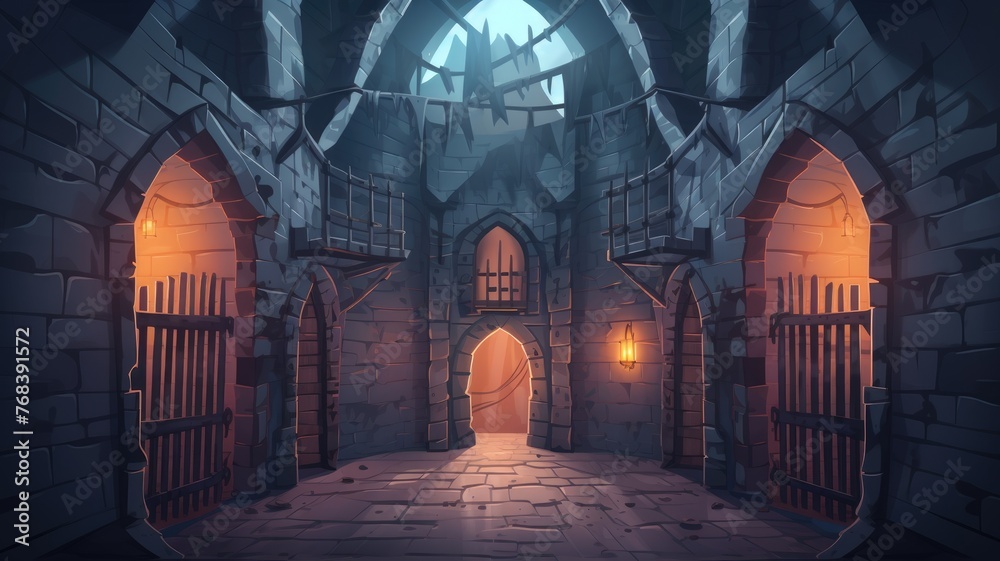 cartoon castle’s interior, aglow with torchlight, reveals towering ...