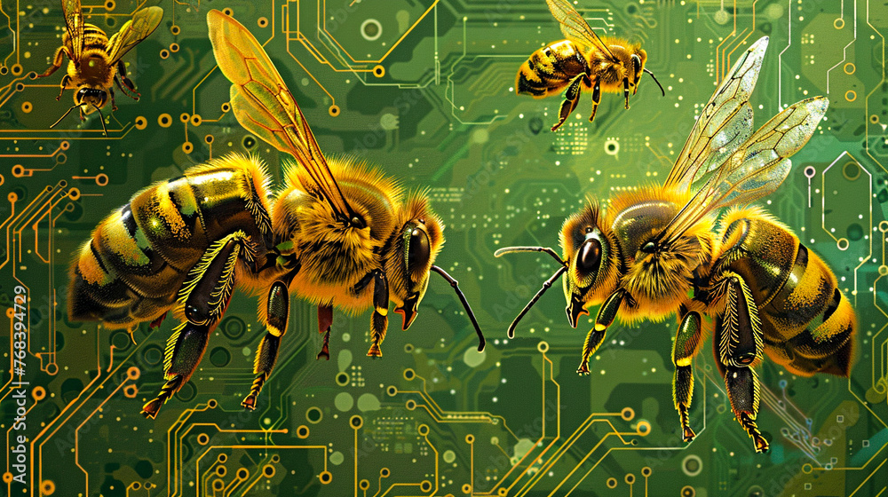 Cartoon bees buzz around a hive made of circuit boards, collecting digital pollen to produce ...
