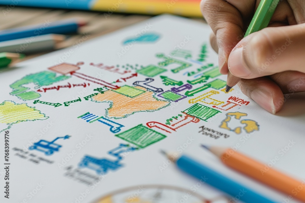 Hand drawing eco-friendly supply chain paths on a paper, detailed with ...