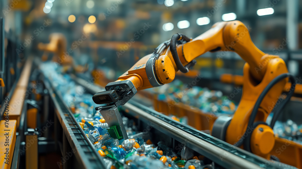 Image of a robot arm working in a waste sorting factory. To separate ...