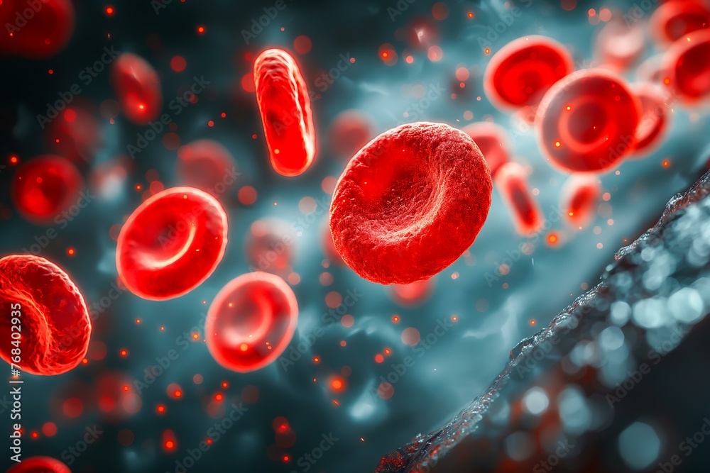 A close up of red blood cells in motion. Concept of life and energy, as ...