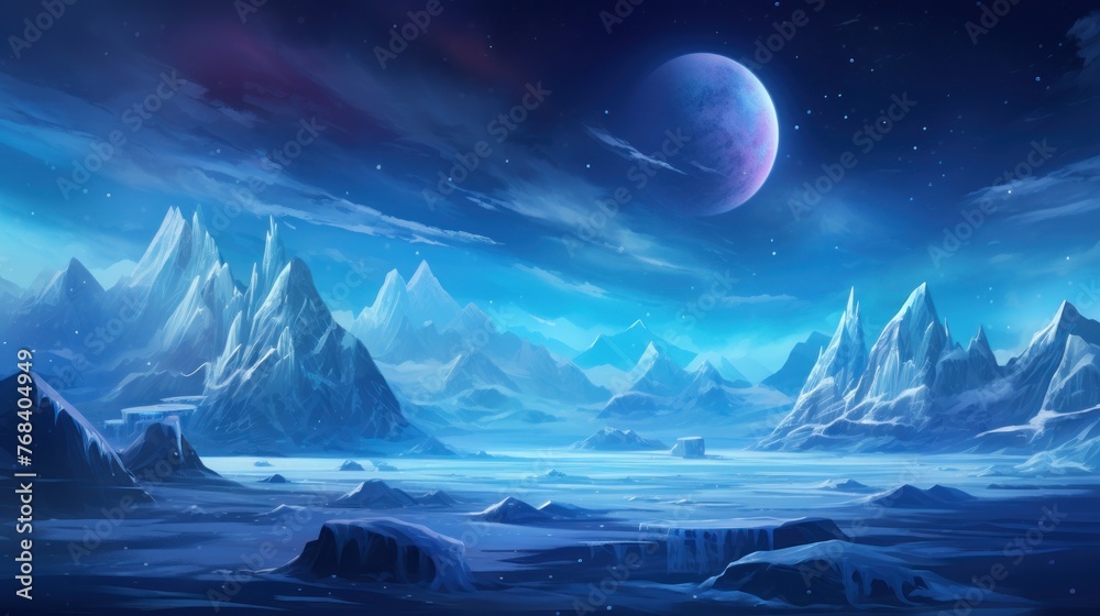 Illustrate an icy and alien planet with towering ice spires, frozen ...