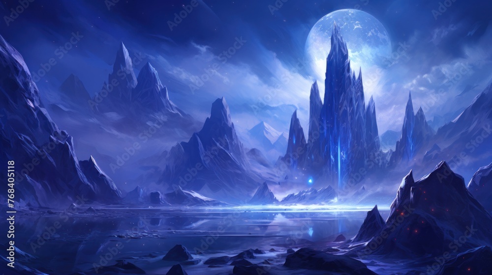 Illustrate an icy and alien planet with towering ice spires, frozen ...