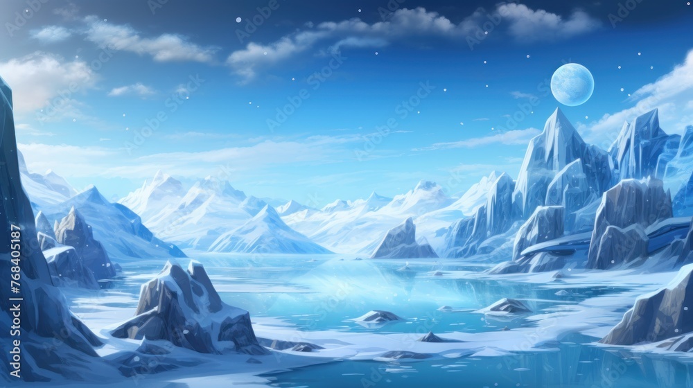 Illustrate an icy and alien planet with towering ice spires, frozen ...