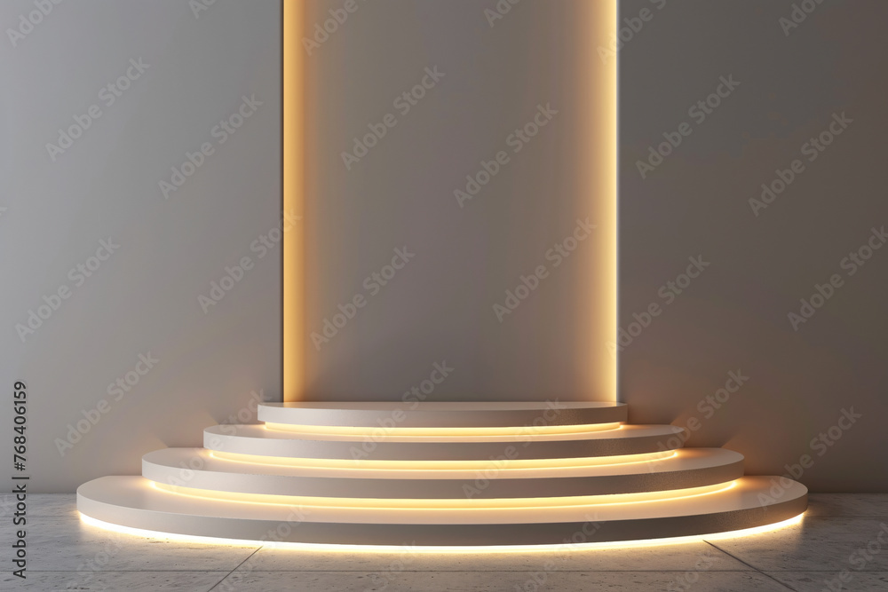 shows a podium with stairs leading up to it and a door on the wall ...