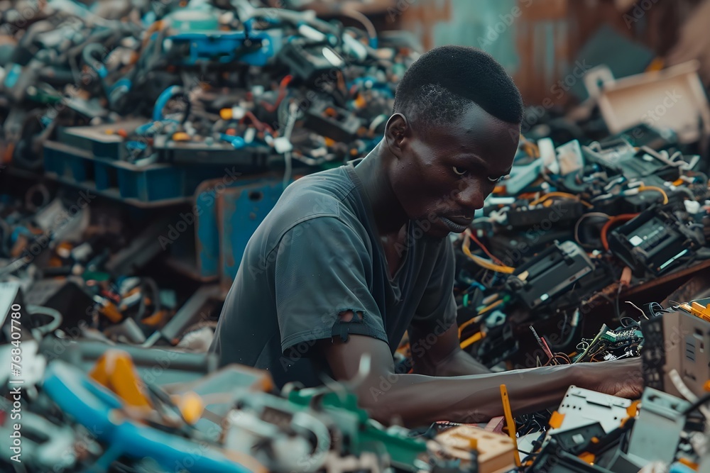 A worker in an electronics recycling plant surrounded by electronic ...