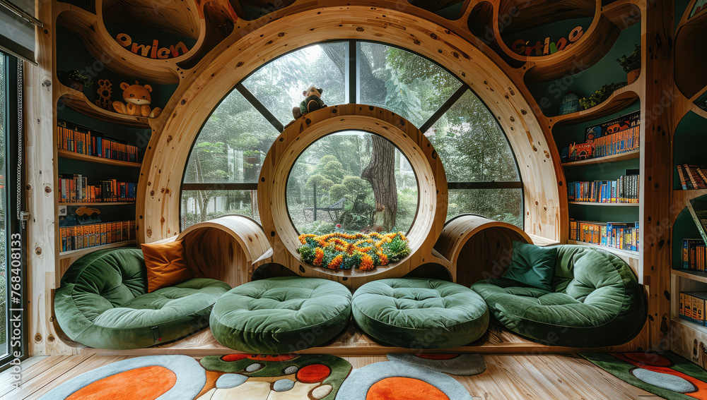 cozy reading nook in the shape of round window, inside forest cottage ...