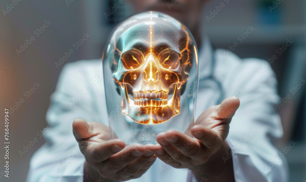 Imagine an image where a human skull is encased within a clear glass ...