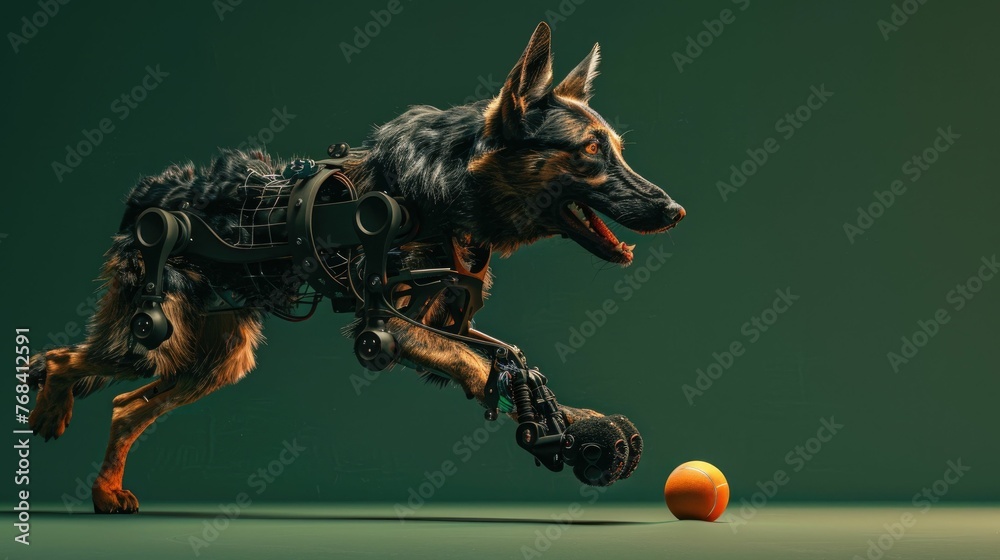 Dynamic 3D visualization of a dog with bionic legs playing with a ball ...