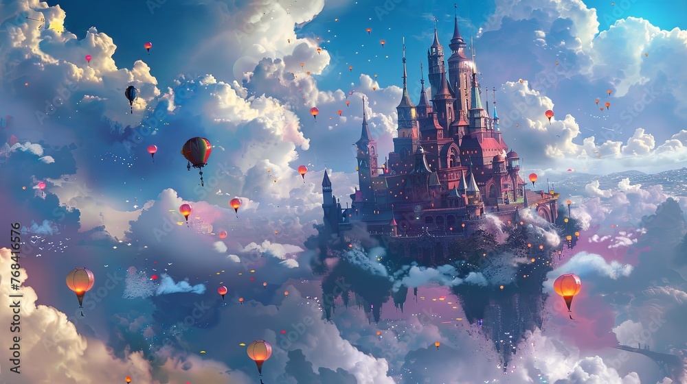 Dreamlike fantasy scenery showing a majestic castle floating among ...