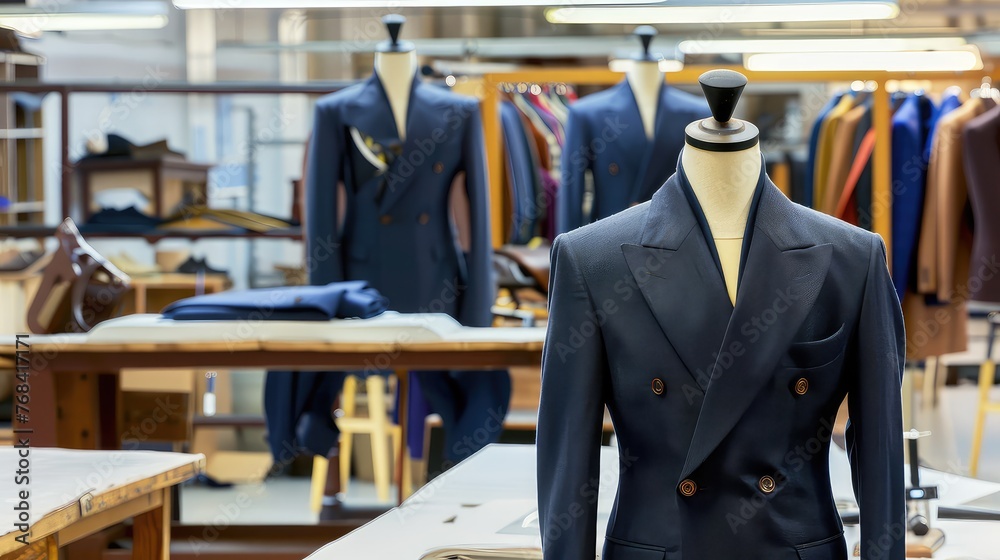 A new stylish suit on a mannequin awaits its customer in the atelier ...