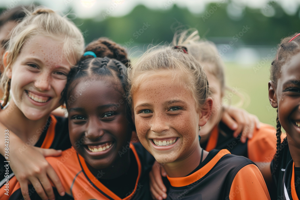 Smiling youth soccer team in a huddle, Team of young footballers ...