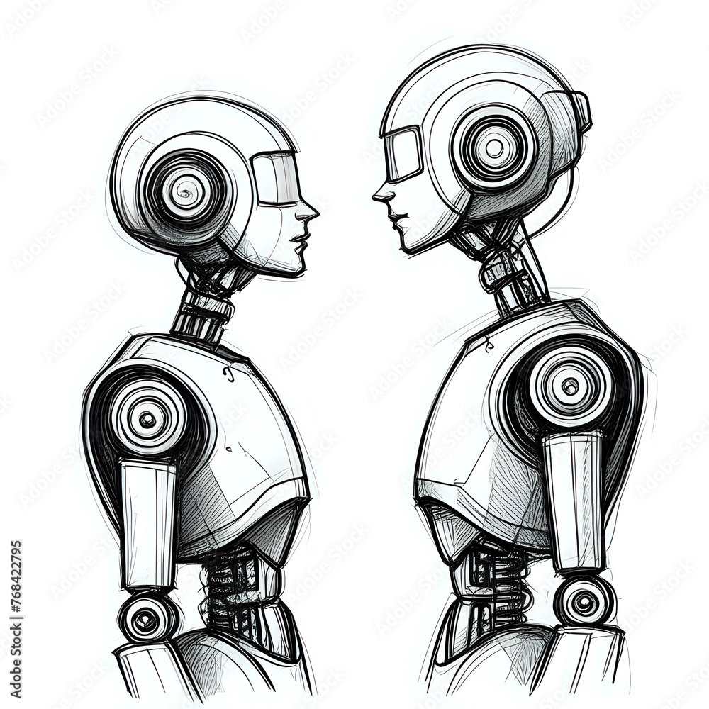 A sketch of two robots talking to each other with a surreal look and ...
