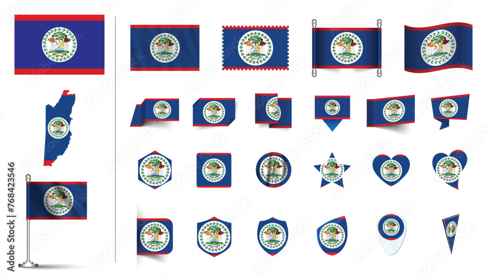 set of Belize flag, flat Icon set vector illustration. collection of ...