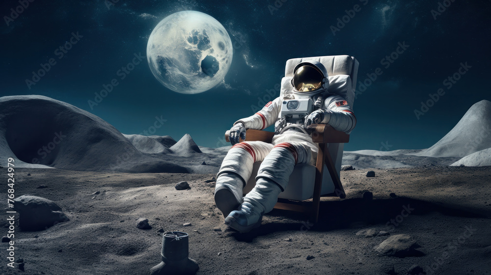 Back view of lunar astronaut having a beer while resting in beach chair ... Back view of lunar astronaut having a beer while resting in beach chair ...