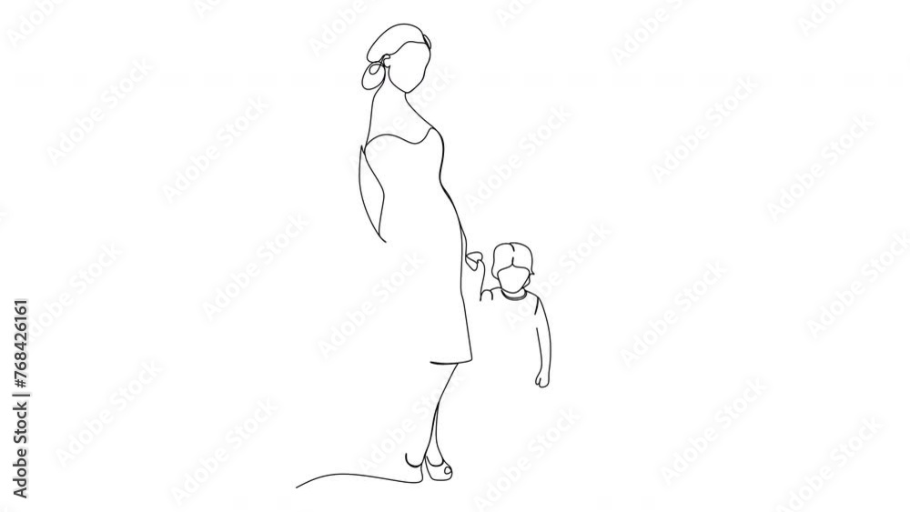 One line drawing of a young happy mother holding her daughter's hand ...
