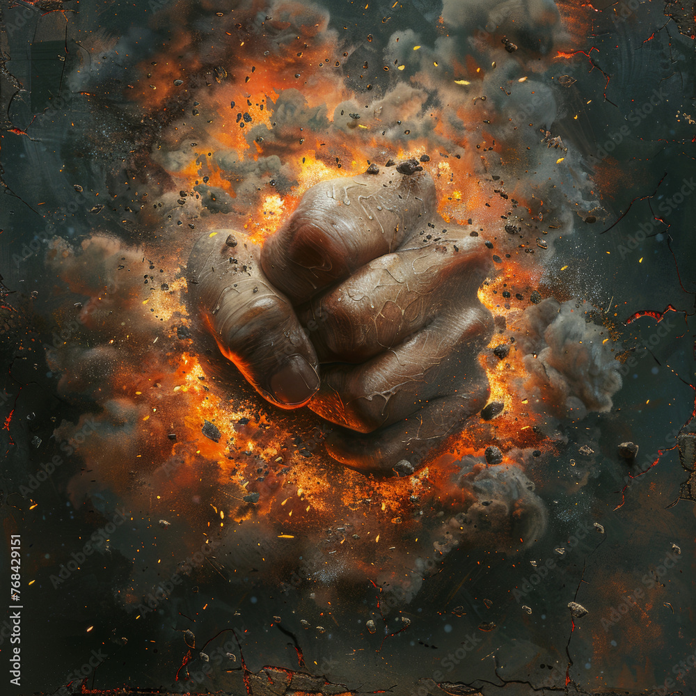 An intense image of a clenched fist punching through a wall, with fire ...