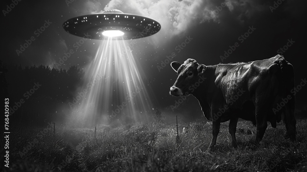 An eerie, blackandwhite photorealistic drawing of a cow caught in the ...