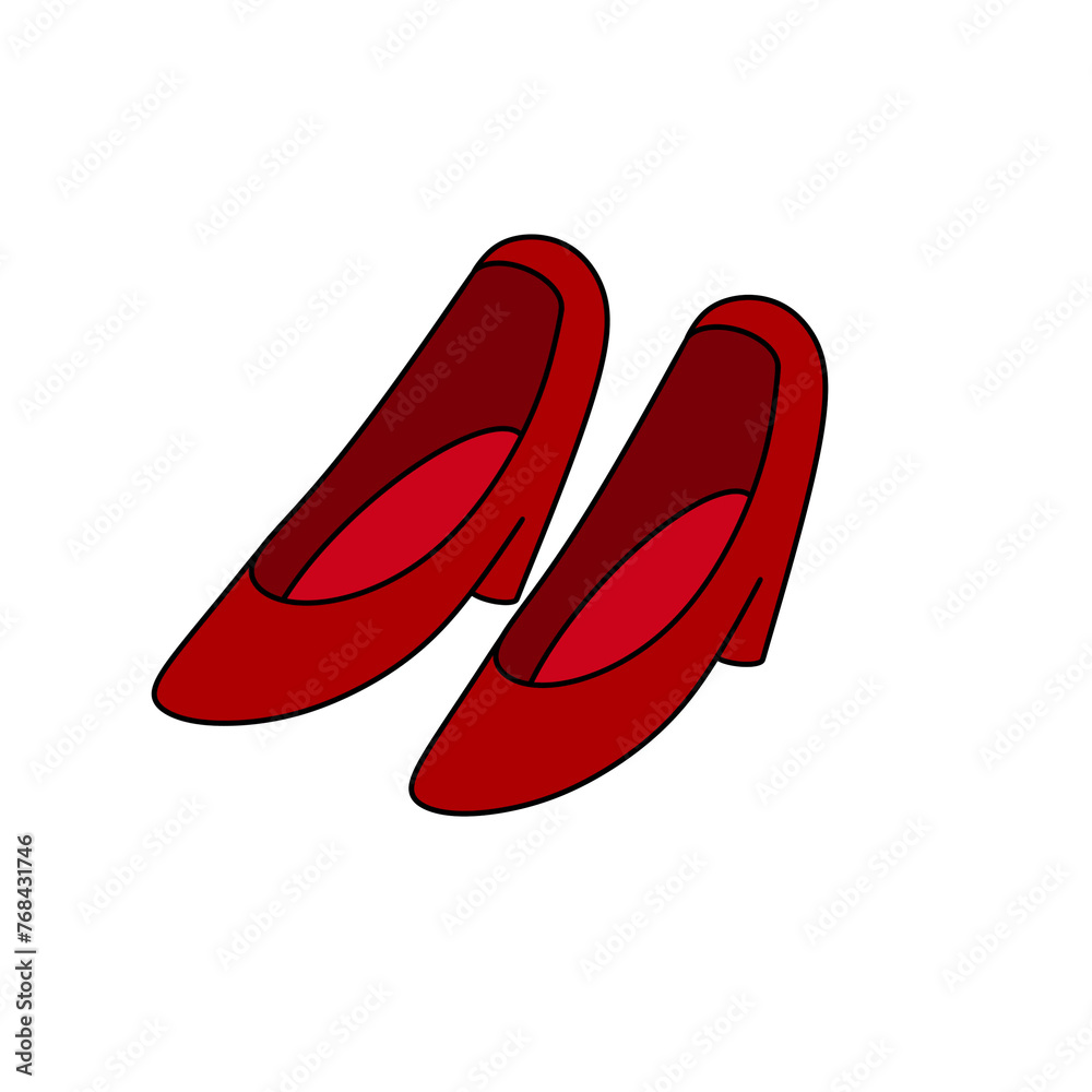 Two red shoes with red soles. The shoes are cartoonish and appear to be ...