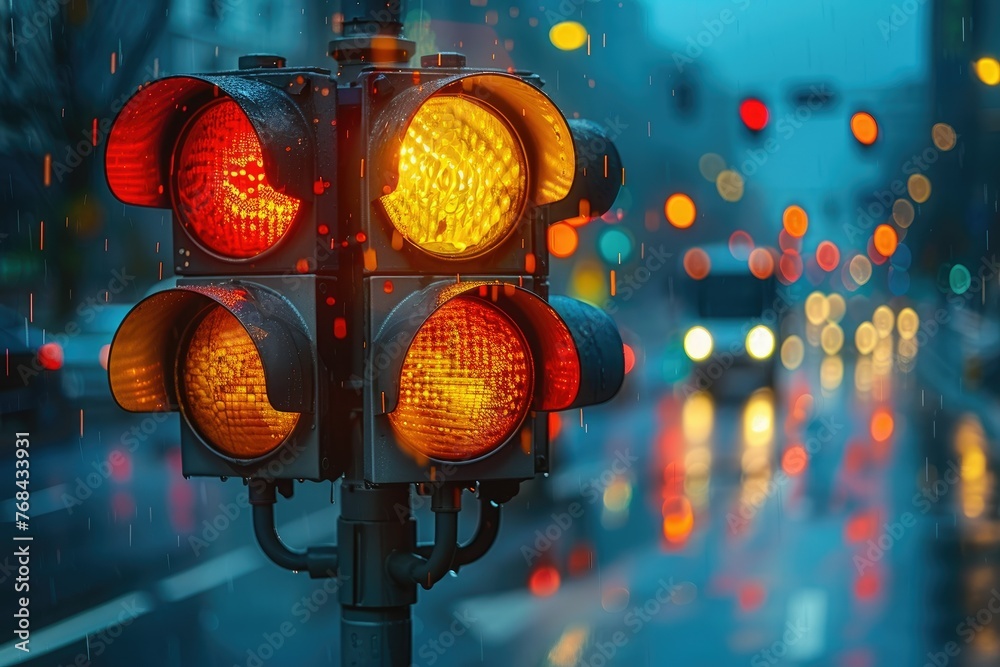 Amber traffic light on a rainy street - A sharp image showing an amber ...