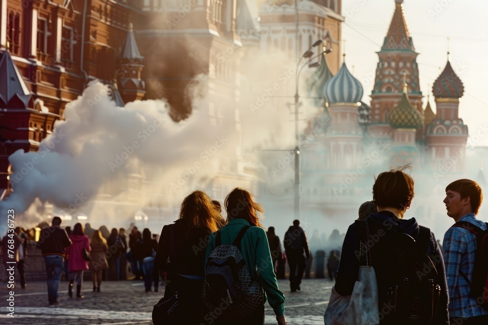 Crowded city square with misty atmosphere - Silhouettes of people ...