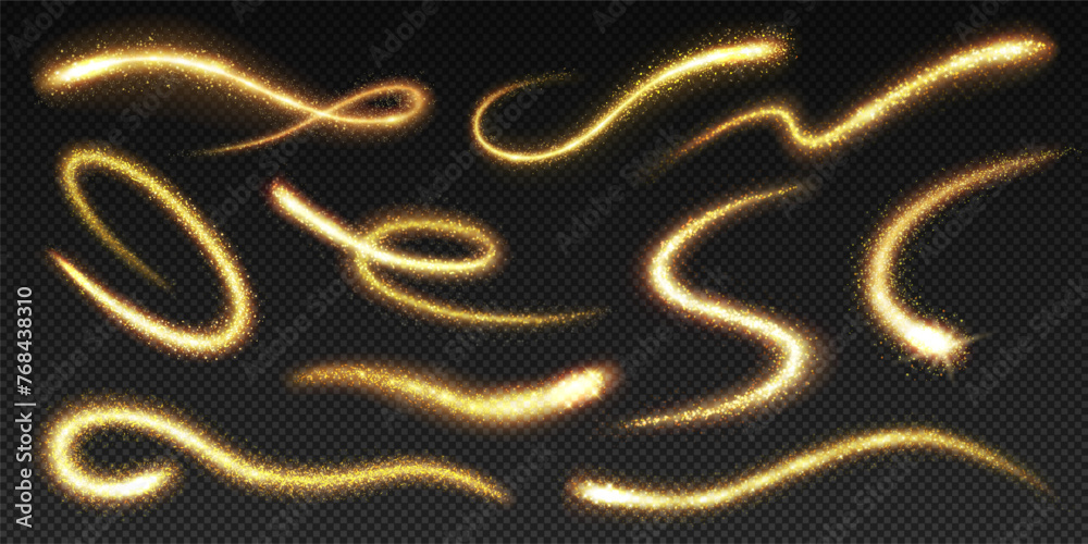 Magic golden glitter trails realistic vector illustration set ...
