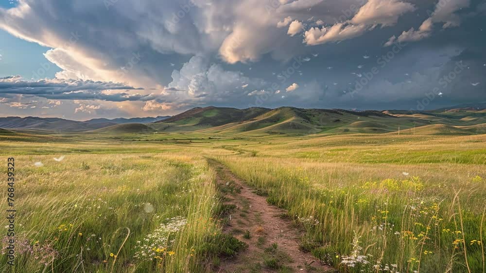 landscape of a trail leading into field with hills. seamless looping ...